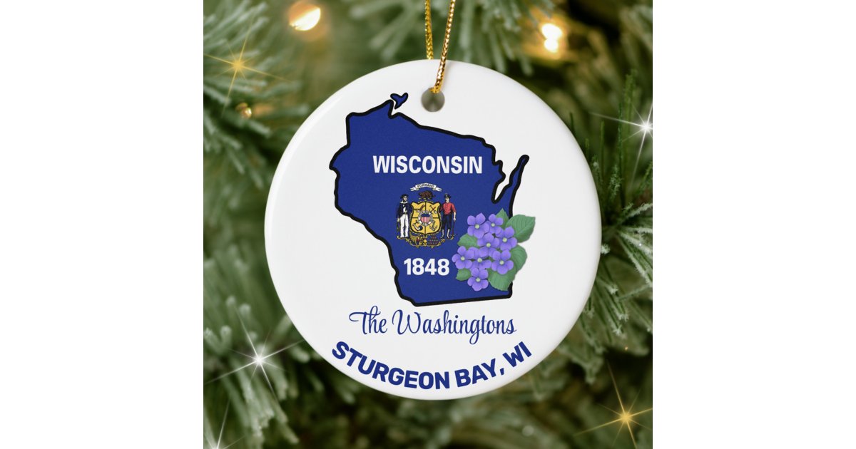 Wisconsin Flag & Flower Blue Violet Custom Name Ceramic Ornament | Zazzle