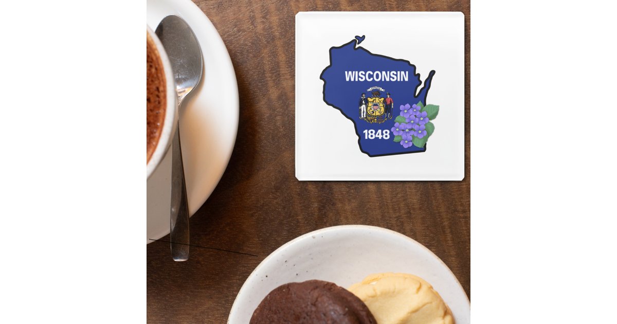 Wisconsin Flag & Flower Blue Violet Custom Name Glass Coaster | Zazzle