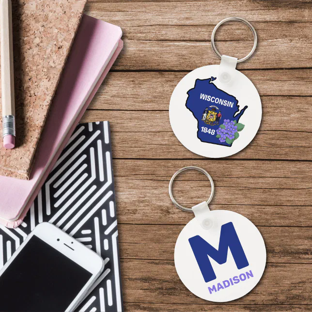 Wisconsin Flag & Flower Blue Violet Custom Name Keychain | Zazzle