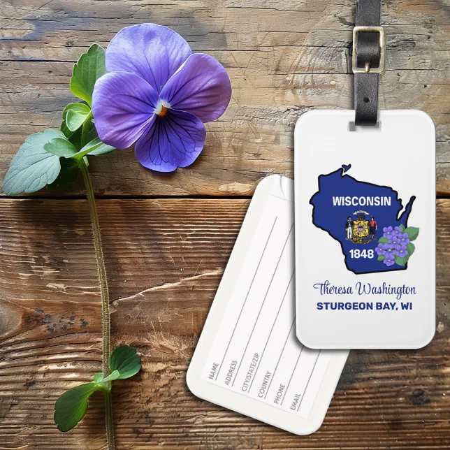 Wisconsin Flag & Flower Blue Violet Custom Name Luggage Tag | Zazzle