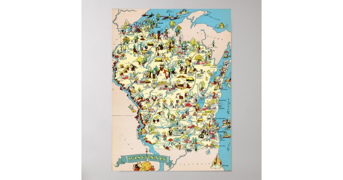 Wisconsin Funny Vintage Map Poster | Zazzle