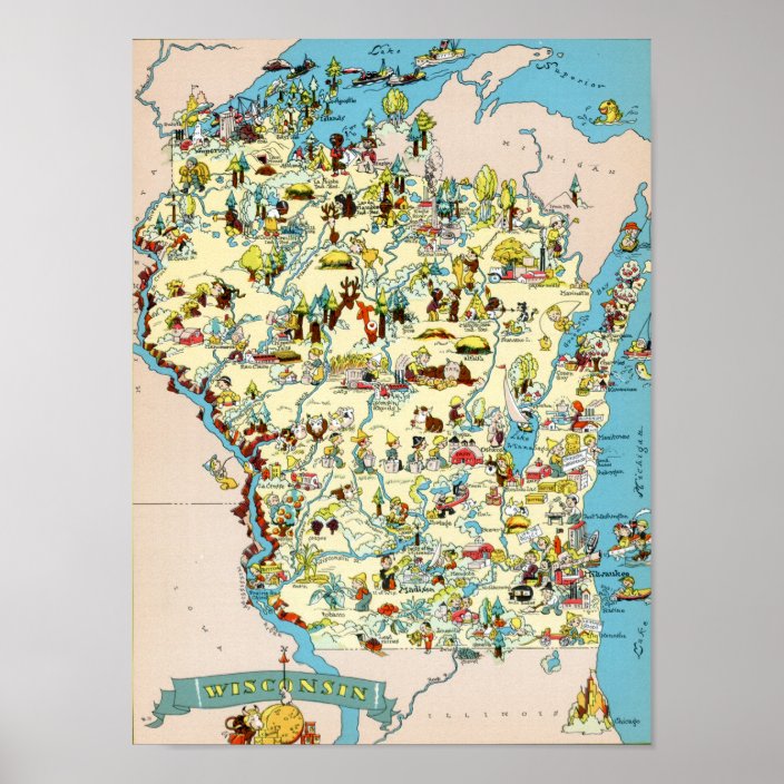 Wisconsin Funny Vintage Map Poster | Zazzle.com