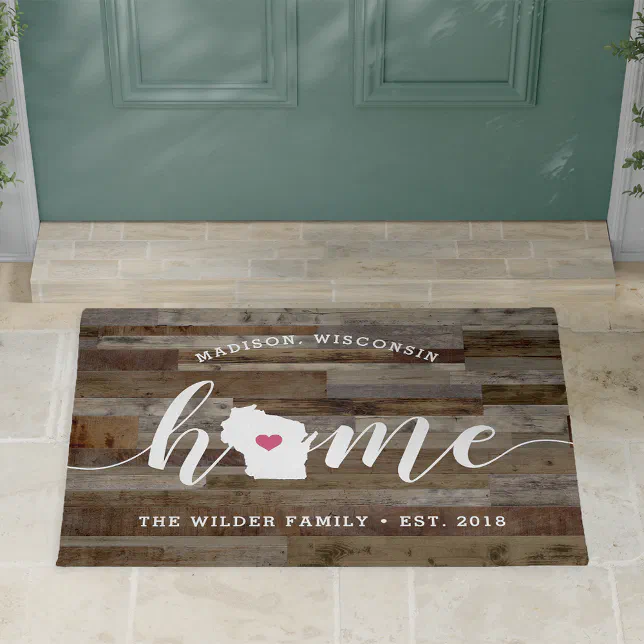 Wisconsin Home State Personalized Wood Look Doormat | Zazzle