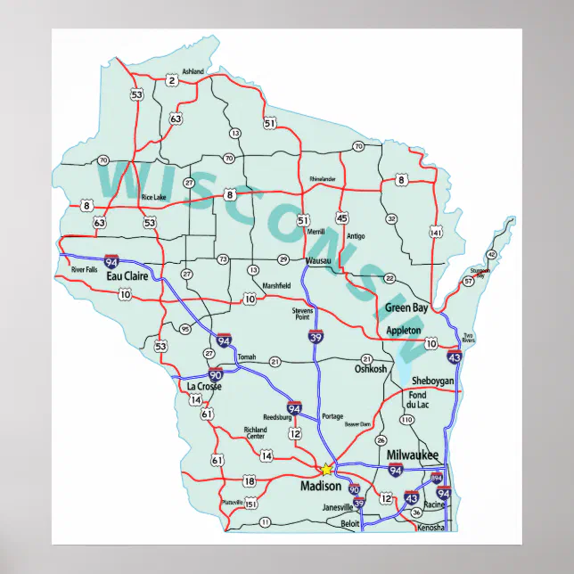 Wisconsin Interstate Map Print | Zazzle