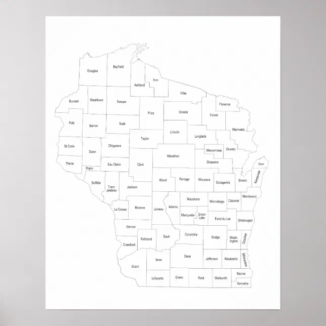 Wisconsin map of counties in the state with names poster | Zazzle