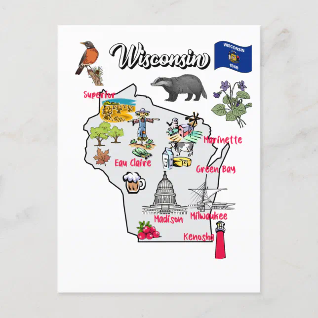 Wisconsin Map with Tourist Destinations Postcard | Zazzle