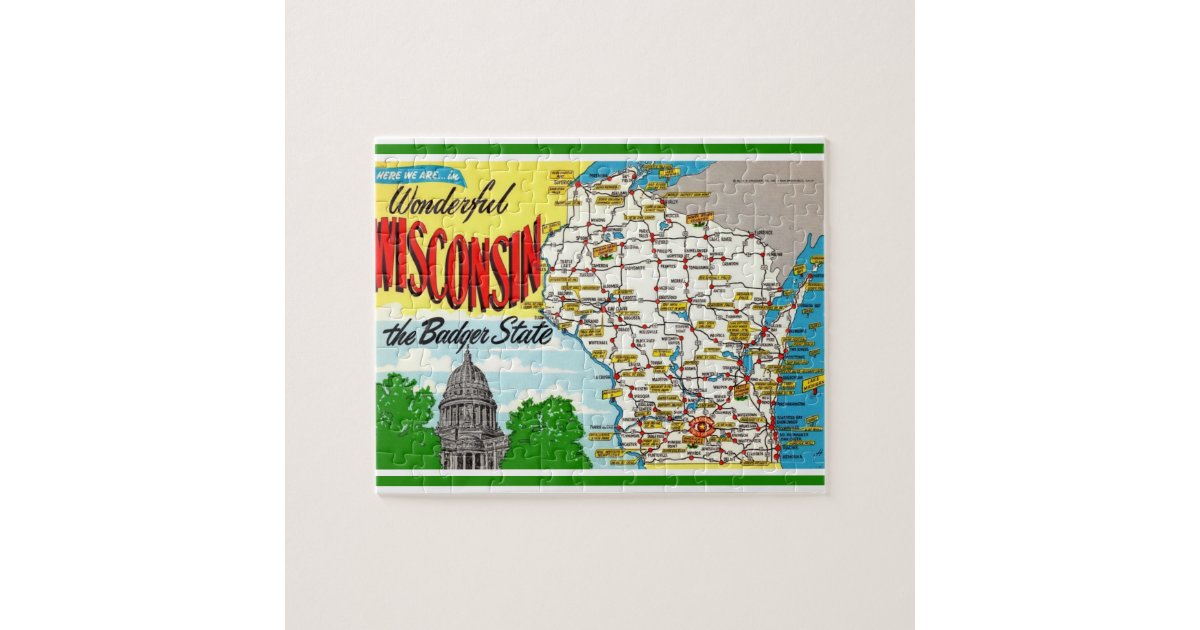 Wisconsin Postcard Map Jigsaw Puzzle | Zazzle