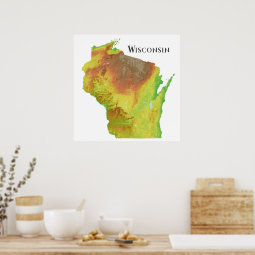 Wisconsin Topographic Shaded Relief Map Poster | Zazzle