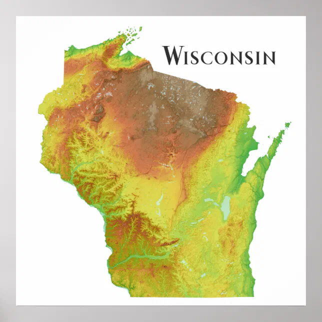 Wisconsin Topographic Shaded Relief Map Poster | Zazzle