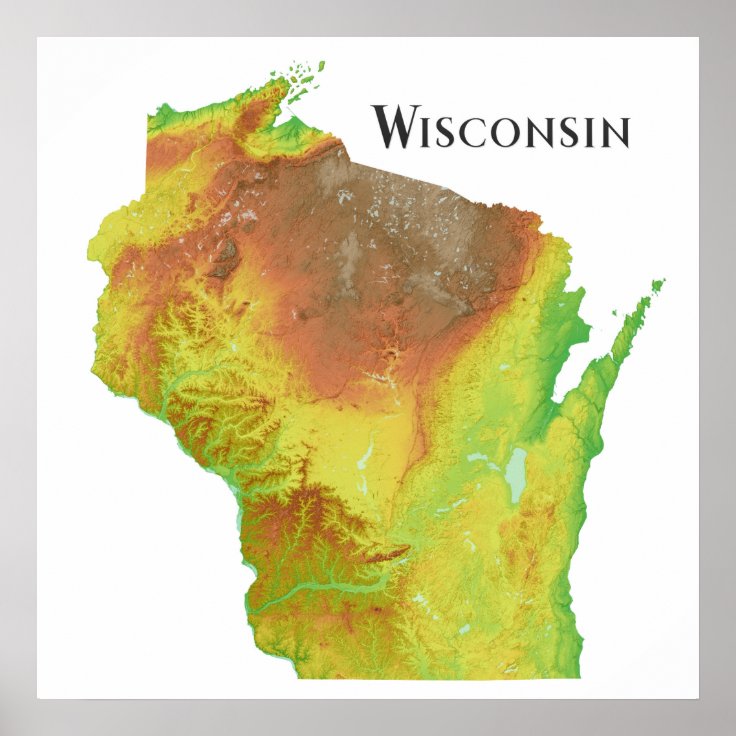 Wisconsin Topographic Shaded Relief Map Poster | Zazzle