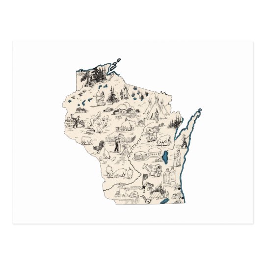Wisconsin Vintage Picture Map Antique State Chart Postcard | Zazzle.com