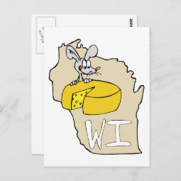 Wisconsin WI Map & Cheese Mouse Cartoon Art Postca Postcard | Zazzle