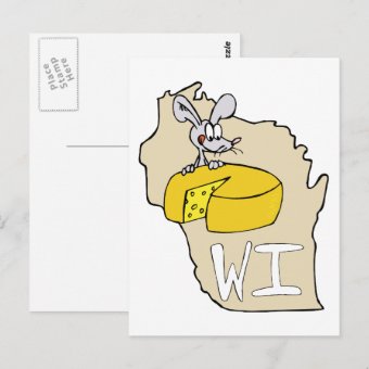 Wisconsin WI Map & Cheese Mouse Cartoon Art Postca Postcard | Zazzle