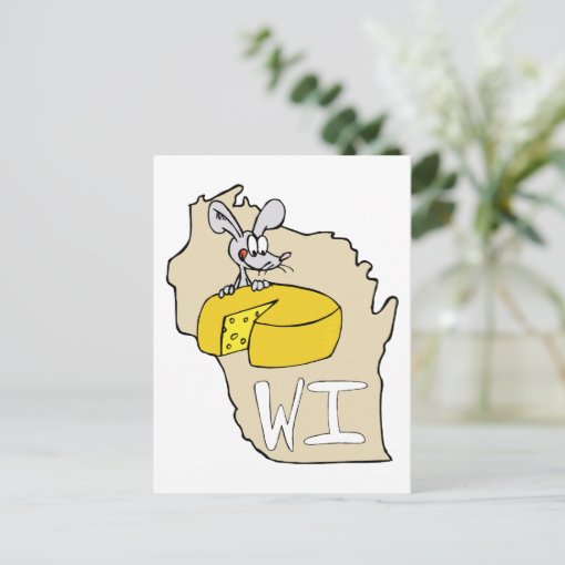 Wisconsin WI Map & Cheese Mouse Cartoon Art Postca Postcard | Zazzle