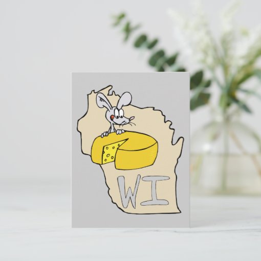 Wisconsin WI Map & Cheese Mouse Cartoon Art Postcard | Zazzle