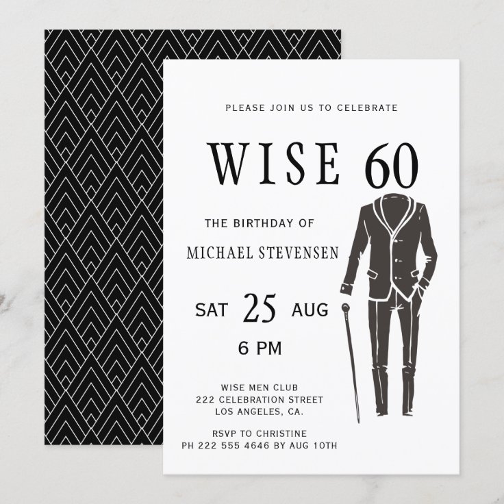 Wise 60 black and white formal man birthday party invitation | Zazzle