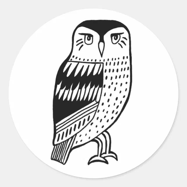 Wise Owl line drawing black Classic Round Sticker | Zazzle