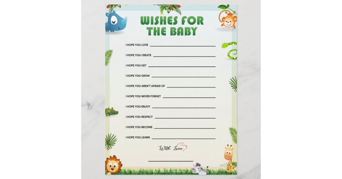 Wishes For Baby Baby Shower Game [Animal Theme] Letterhead | Zazzle
