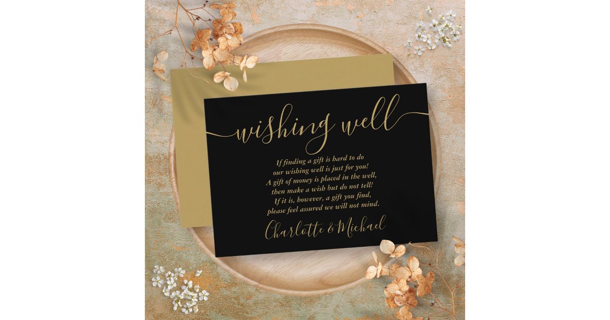 Wishing Well Black And Gold Script Wedding Enclosure Card | Zazzle