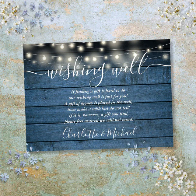 Wishing Well Rustic Blue String Lights Wedding Enclosure Card | Zazzle
