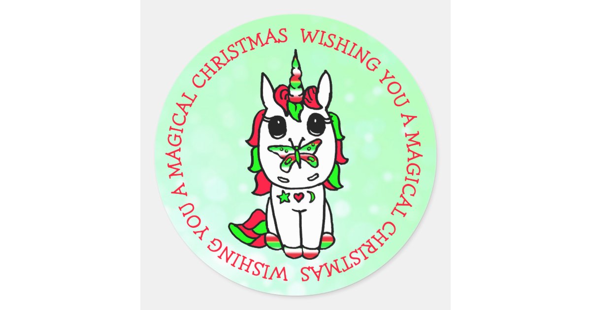 Wishing you a Magical Christmas Unicorn Classic Round Sticker | Zazzle