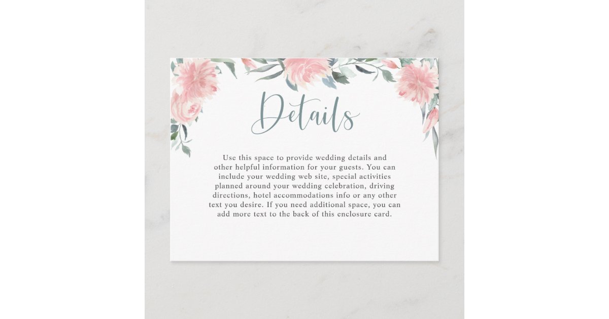 Wispy Pink Watercolor Floral Wedding Details Postcard | Zazzle