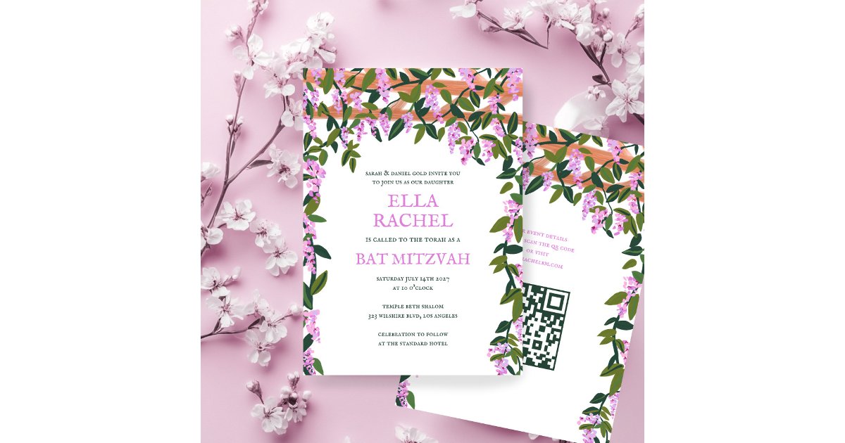 Wisteria Custom B'nai Bat Bar Mitzvah QR Code Girl Invitation | Zazzle