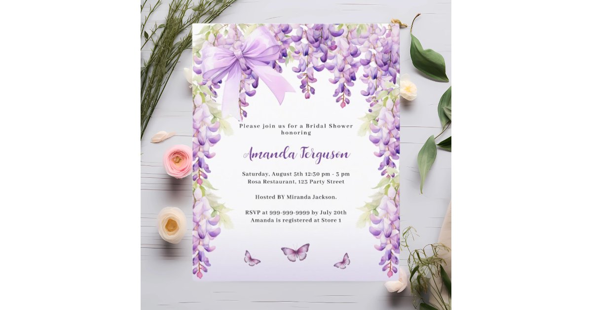 Wisteria purple bow Bridal Shower invitation | Zazzle