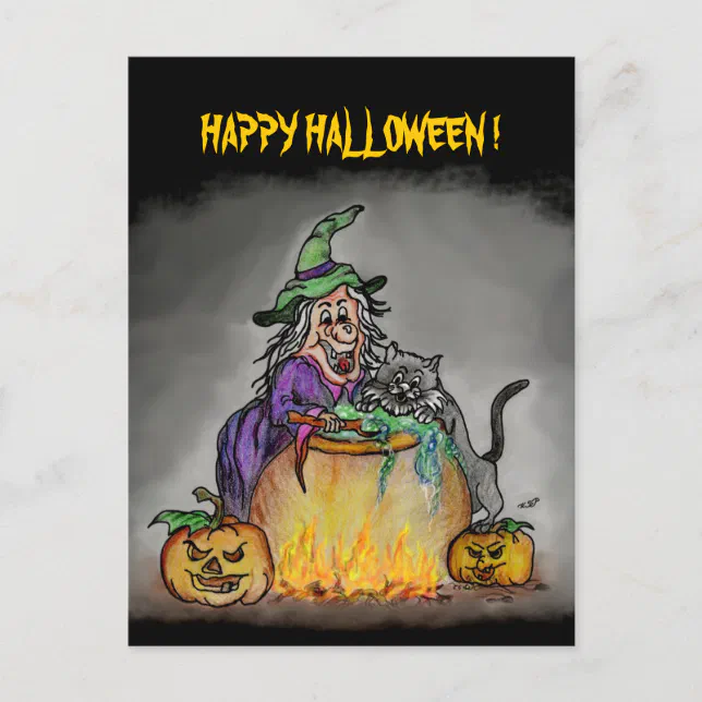 Witch and cat, Happy Halloween! Postcard | Zazzle