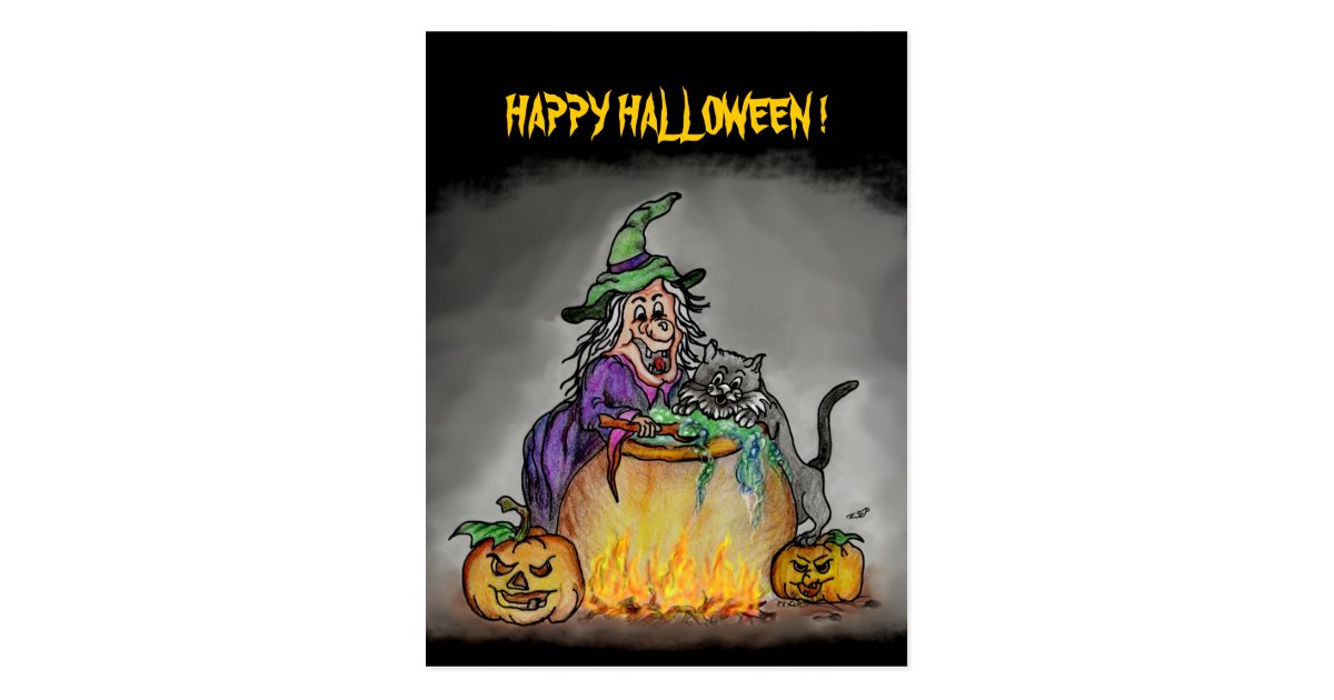 Witch and cat, Happy Halloween! Postcard | Zazzle.com