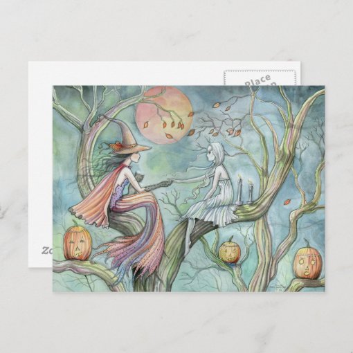 Witch and Ghost Halloween Postcard | Zazzle