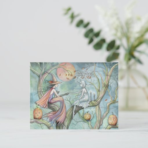 Witch and Ghost Halloween Postcard | Zazzle