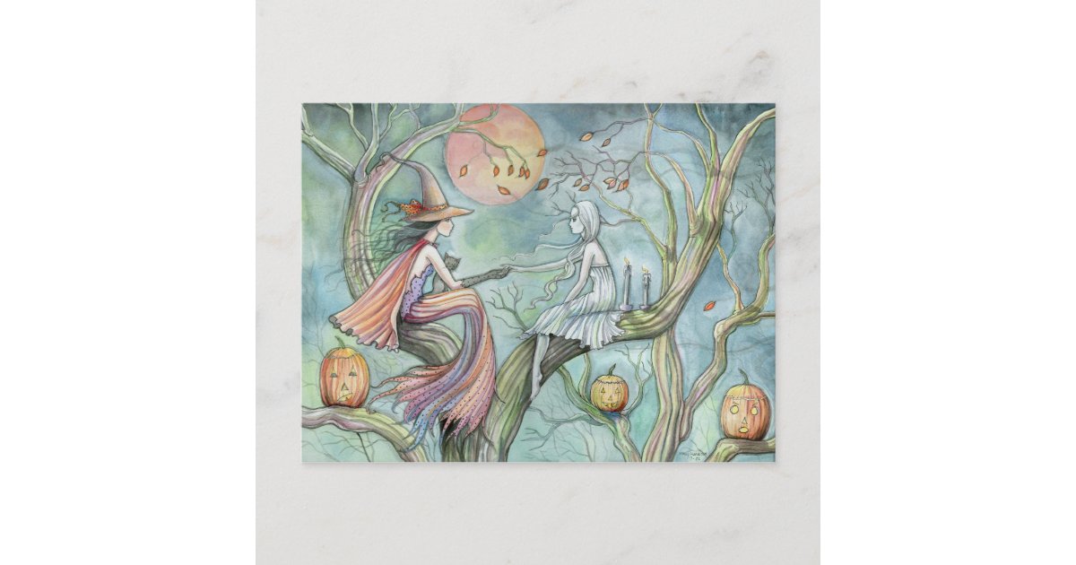Witch and Ghost Halloween Postcard | Zazzle