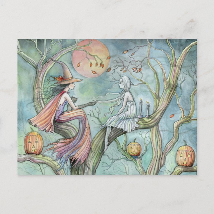 Witch and Ghost Halloween Postcard | Zazzle
