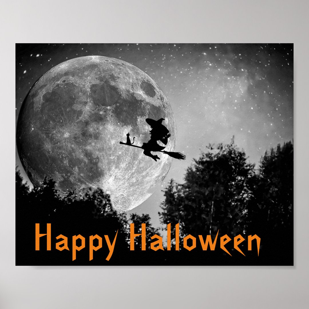 Witch and Moon Halloween Customizable Poster | Zazzle