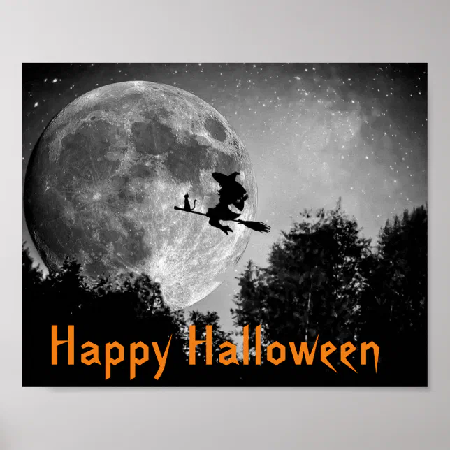 Witch and Moon Halloween Customizable Poster | Zazzle