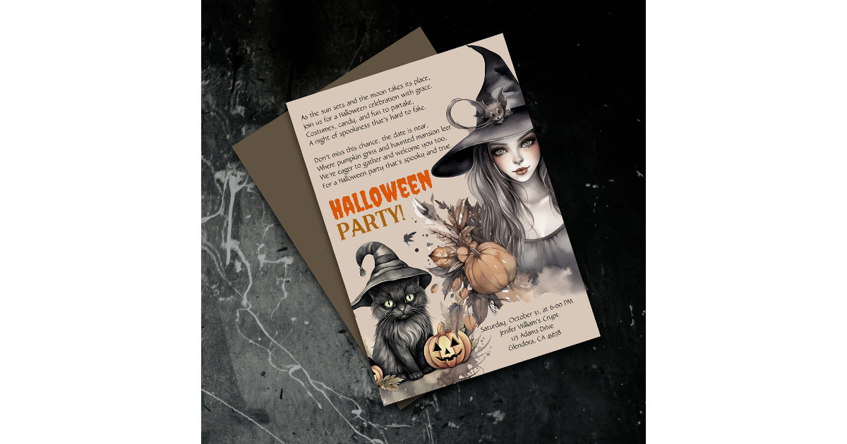 Witch Black Cat Halloween Party Poem Invitation | Zazzle