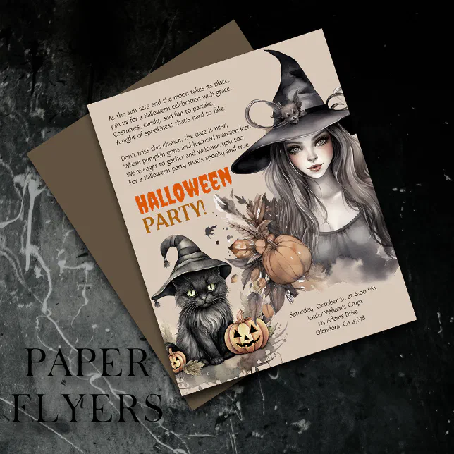 Witch Black Cat Halloween Party Poem Invitation Flyer | Zazzle