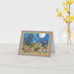 WITCH & BLACK CATS RAKING LEAVES HALLOWEEN CARD | Zazzle