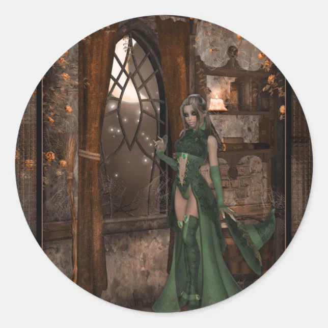 Witch by the Window :: Halloween Designs Classic Round Sticker | Zazzle