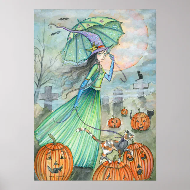 Witch Cat Autumn Halloween Poster by M. Harrison | Zazzle