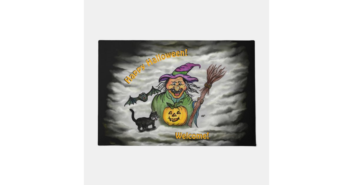 Witch , Cat , Bat and Pumpkin , Happy Halloween ! Doormat | Zazzle