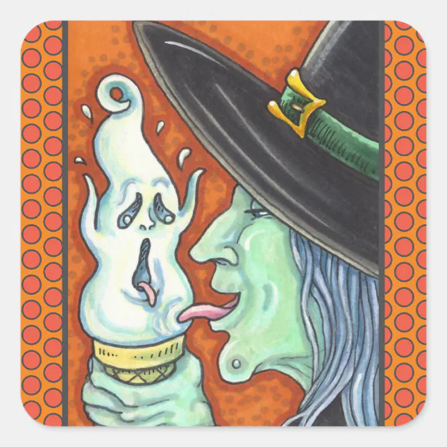 WITCH EATING SCREAMING ICE CREAM CONE, HALLOWEEN SQUARE STICKER | Zazzle