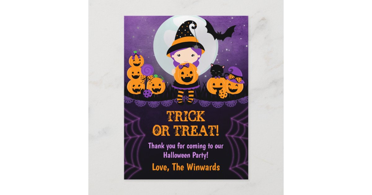 Witch Girl Pumpkins Halloween Party Thank You Postcard | Zazzle