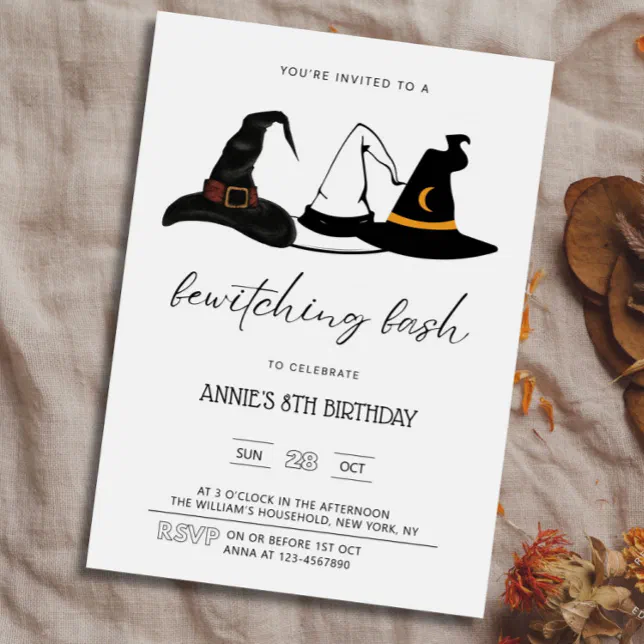Witch Hat Bewitching Bash Girls Birthday Halloween Invitation | Zazzle