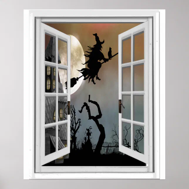 Witch On Broomstick Window View Halloween Poster | Zazzle