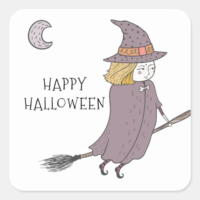 Witch On Flying Broomstick Happy Halloween Square Sticker | Zazzle