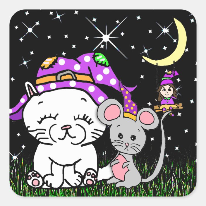 Witch on Moon Cat and Mouse Halloween Square Sticker | Zazzle.com