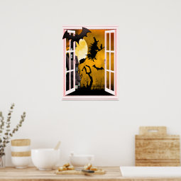 Witch Silhouette Window Halloween Poster | Zazzle