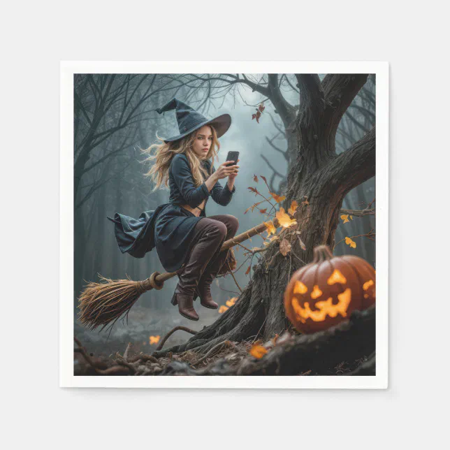 Witch Texting While Flying On a Broom Napkins | Zazzle